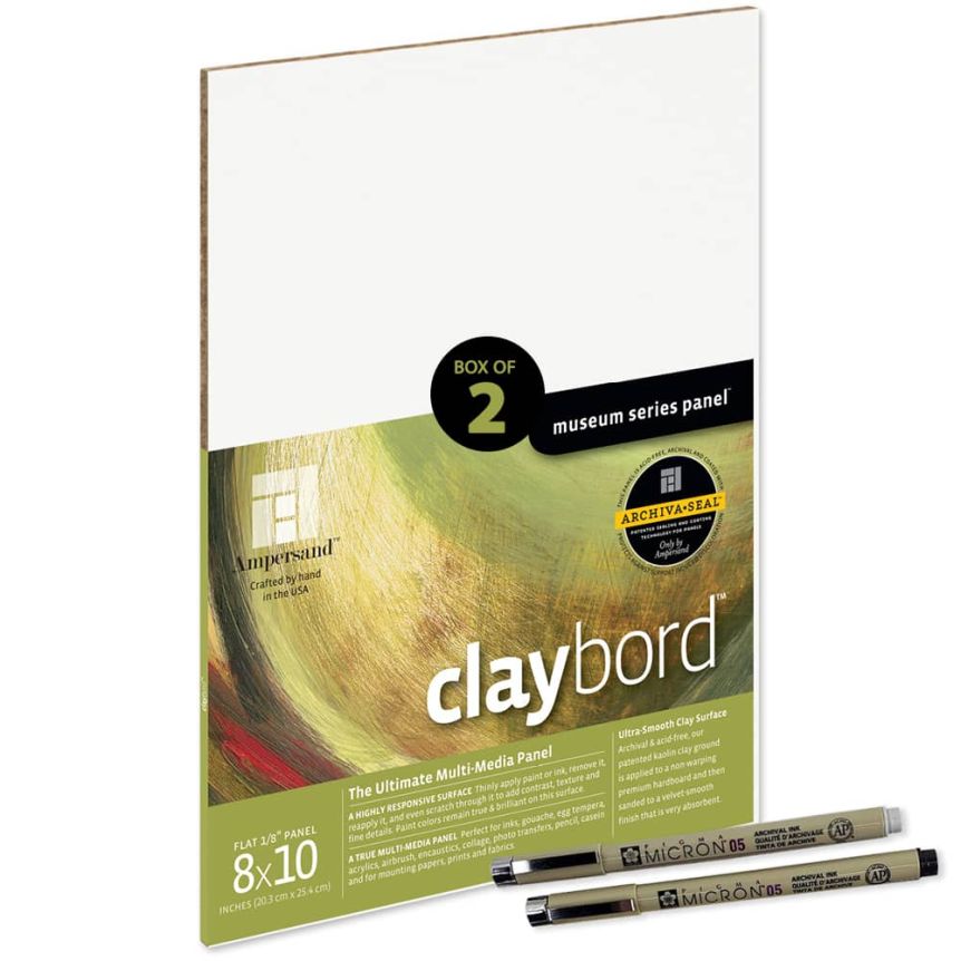 Ampersand Claybord 1/8" Flat Panel (Box of 2) + 2 Micron Pens Bundle ...