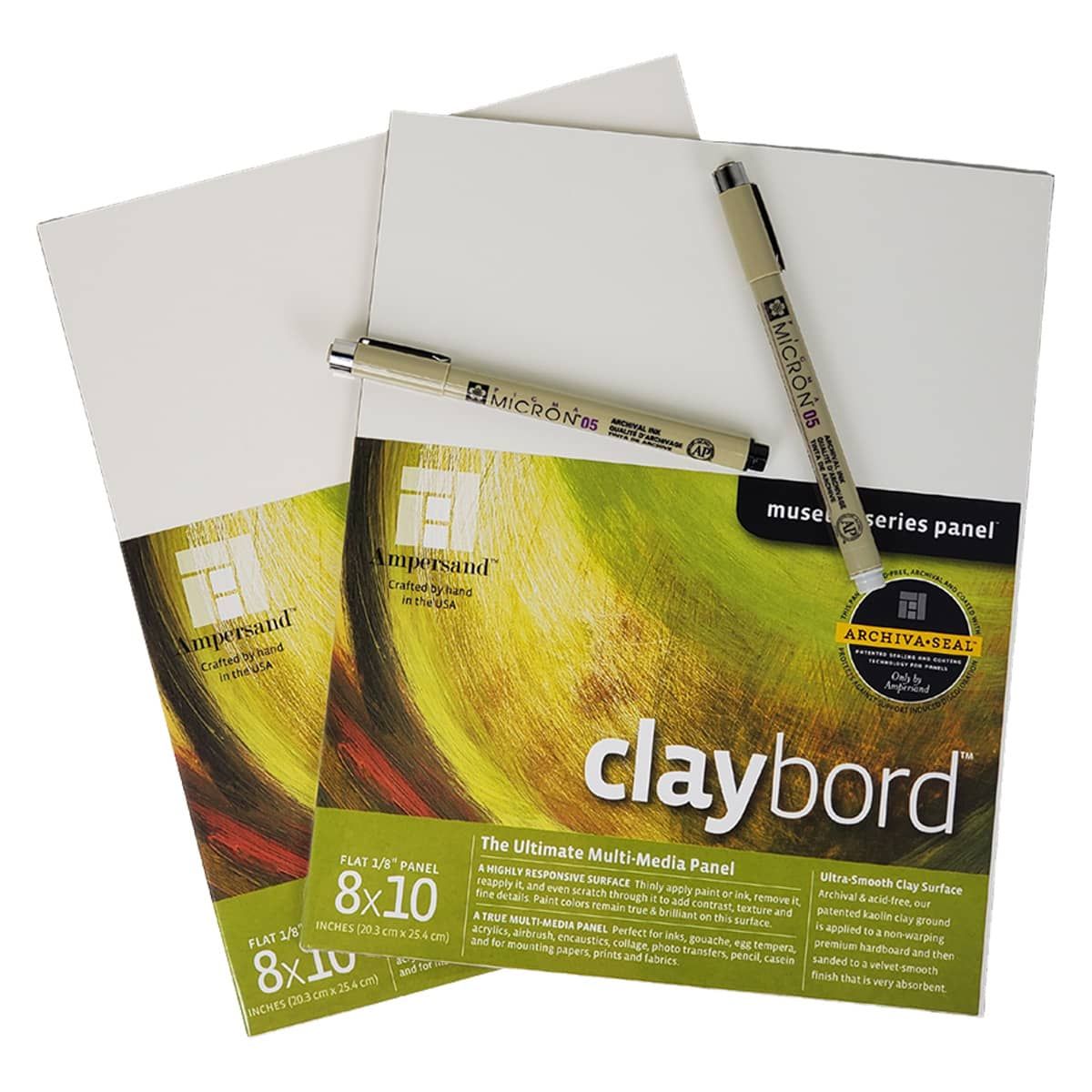 Ampersand Claybord 1/8" Flat Panel (Box of 2) + 2 Micron Pens Bundle ...