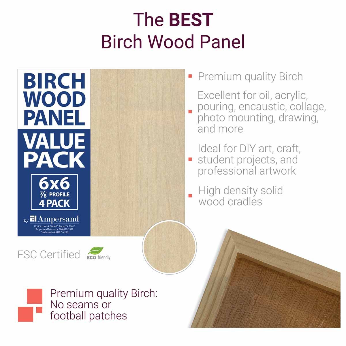 Ampersand Birch Wood Cradled 7/8in Panel - 6"x6" (4-Pack) | Jerry's ...