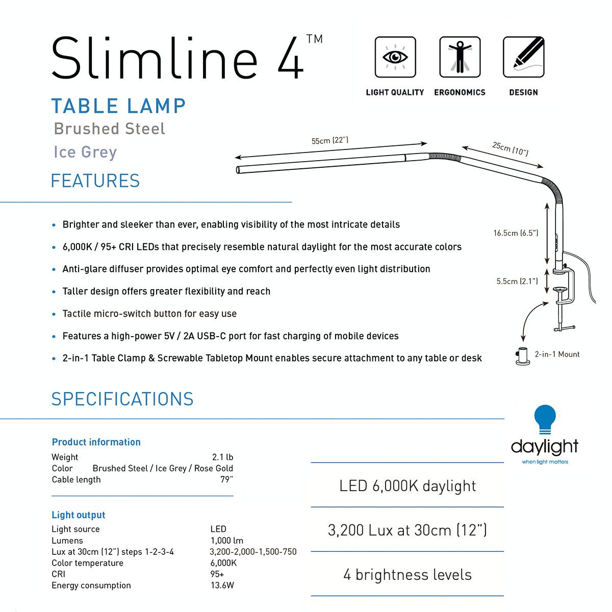Daylight Slimline 4 LED Table Lamp, Ice Grey (Dimmable) | Jerry's Artarama