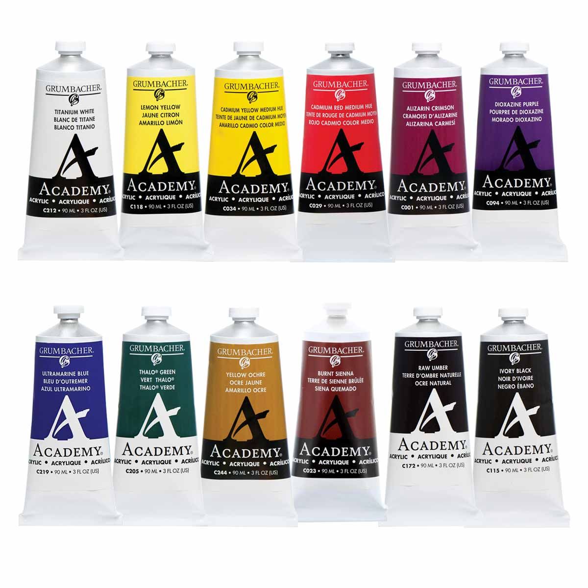 Grumbacher Academy Acrylics Color Set of 12, 90ml | Jerry's Artarama