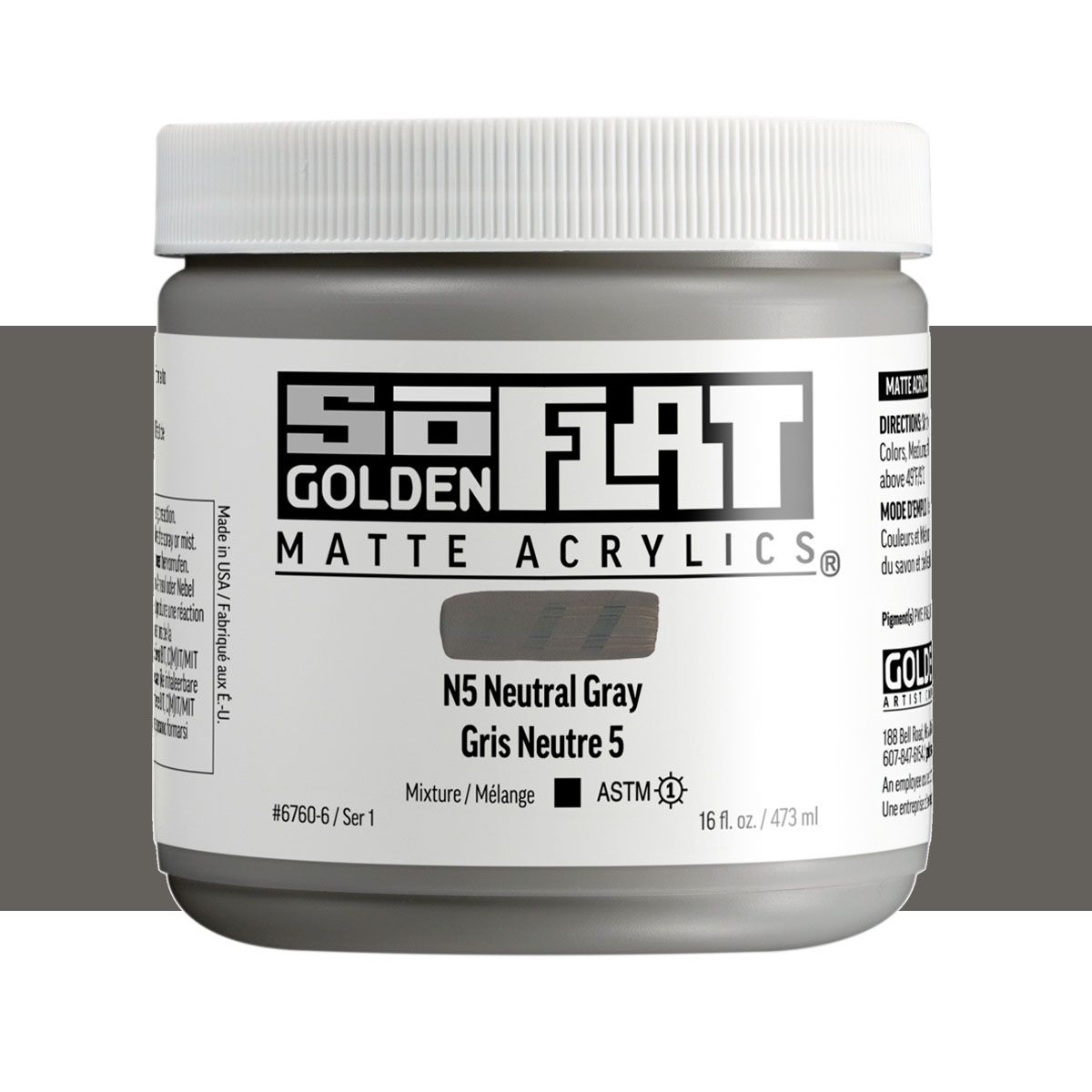 GOLDEN SoFlat Matte Acrylic - N5 Neutral Gray, 16oz Jar | Jerry's Artarama